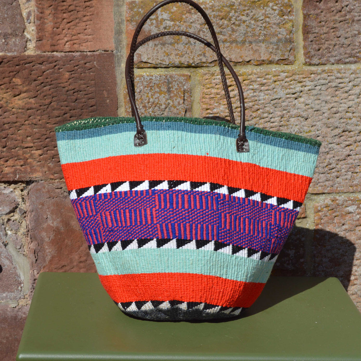 Woollen Kiondo Basket with Light Blue, Red and Purple Hoops – A Small ...